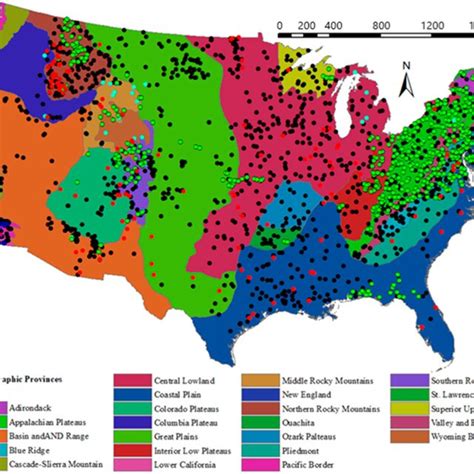 distribution of data points over physiographic provinces adapted from