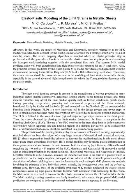 Pdf Elasto Plastic Modeling Of The Limit Strains In Metallic Sheets