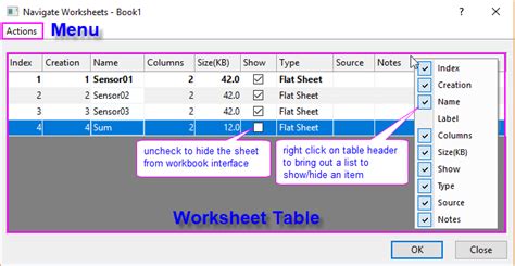 Help Online Origin Help The Navigate Worksheets Dialog Box