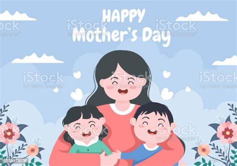 해피 어머니의 날 플랫 디자인 일러스트레이션 12월 22일 인사말 카드와 포스터를 위해 아기를 안고 있거나 자녀와 함께 하는