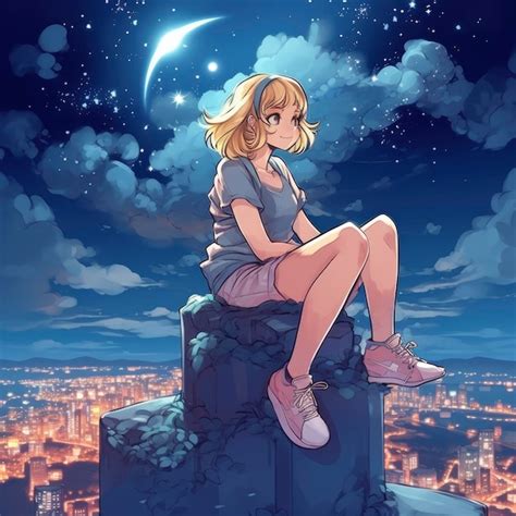 Premium Ai Image A Girl Sitting On A Ledge Looking At The Stars