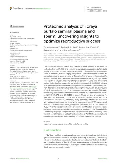 Pdf Proteomic Analysis Of Toraya Buffalo Seminal Plasma And Sperm