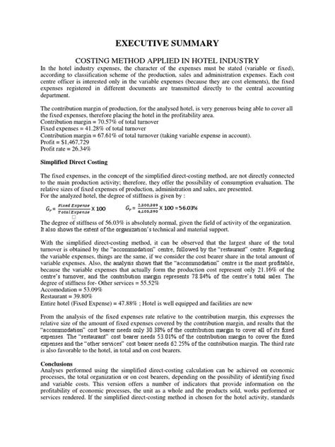 Executive Summary Hotel Industry Revenue Profit Accounting