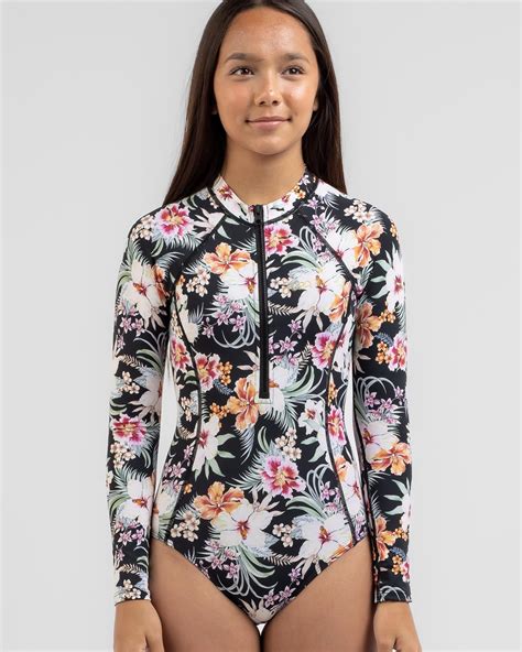 Shop Topanga Girls Luau Long Sleeve Surfsuit In Black Multi Fast