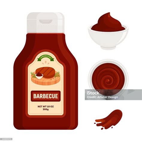 라벨이 있는 바베큐 병 그릇에 소스 소용돌이 튀기다 조미료 식품 조미료 및 패스트 푸드 개념 흰색 배경에 고립 된 플랫 벡터 일러스트 레이 션 개념에 대한 스톡 벡터 아트