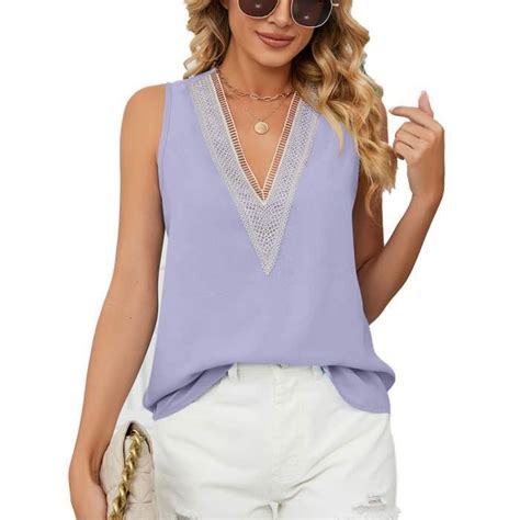 Débardeur Femme Violet Col V dentelle Sans manche Violet Cdiscount Prêt à Porter