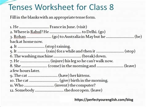Tenses Worksheet For Class 8