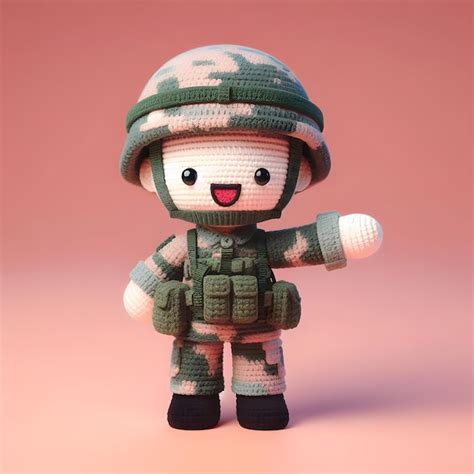 크로체 인형 군대 귀여운 흥분 재미있는 미소 유니폼과 장비를 입고 서 있습니다 3d 렌더링 프리미엄 사진