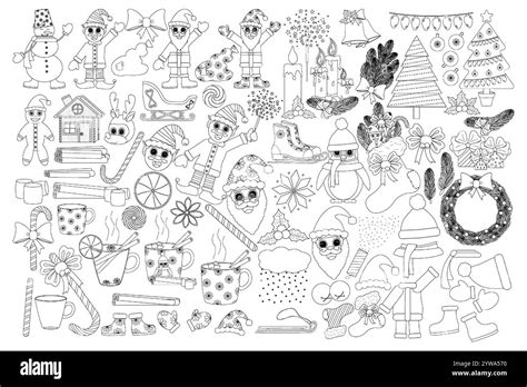 A Detailed Christmas Themed Coloring Page Featuring Santa Claus Elves