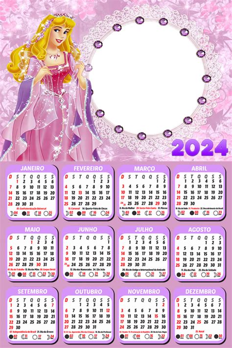 Calendário Aurora Disney 2024 Moldura Png Digital Grátis