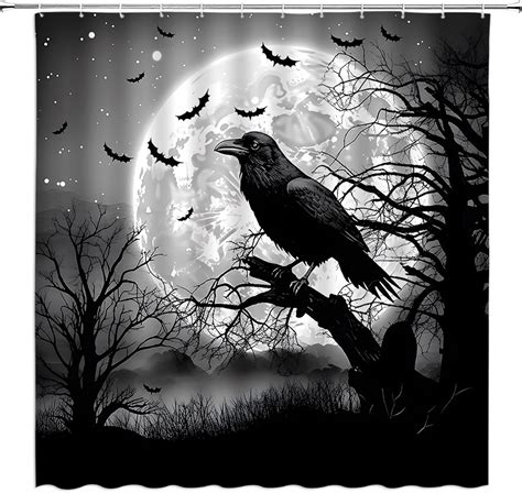Aembee Halloween Shower Curtain Black Crow Bats In Creepy