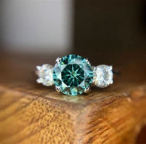 Green Moissanite Engagement Ring Three Stone Moissanite Ring Etsy