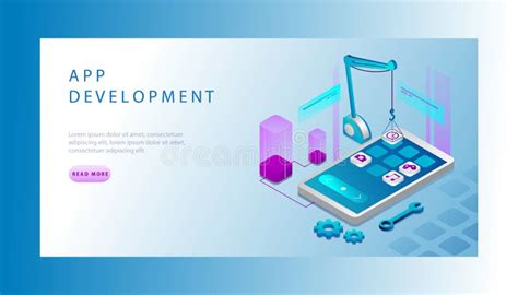 isometric landing page template of mobile application development with