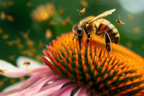 Honeybees Pollinating Vibrant Echinacea Flower Stock Illustration