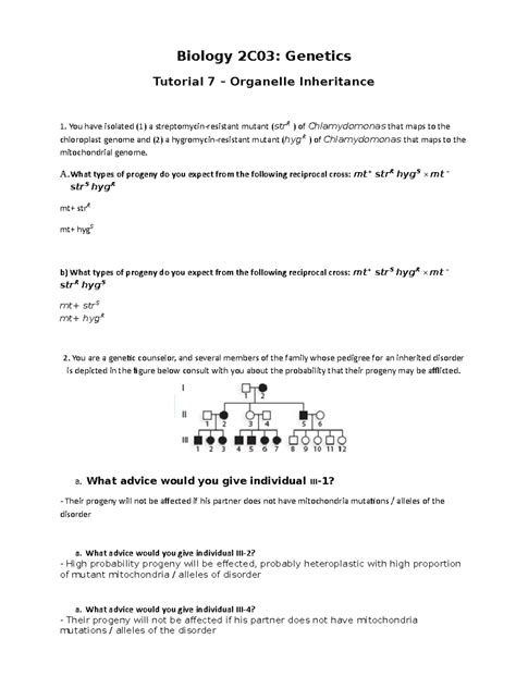 Tutorial 7 Assignment Biology 2c03 Genetics Tutorial 7 Organelle Inheritance 1 You Have