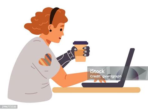 노트북에서 일하는 손 보철물을 가진 여자 커피를 마시는 평면 벡터 일러스트 레이 션 절연 통하고 있는 White 포용적인 직장 개념 경영자에 대한 스톡 벡터 아트 및 기타