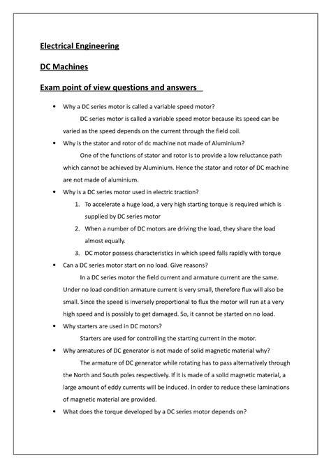 Exam Model Questions On DC Machines Electrical Engineering DC Machines Exam Point Of View