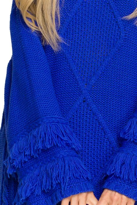 Sweter Damski Boho Z Szerokimi Rękawami Z Frędzlami Szafirowy Me710