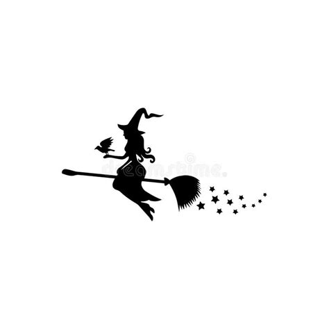 Silhouette Of Witch Flying On Broom With Stars Vector Icon Design