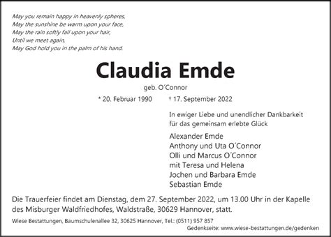 Traueranzeigen Von Claudia Emde Trauer Anzeigen De