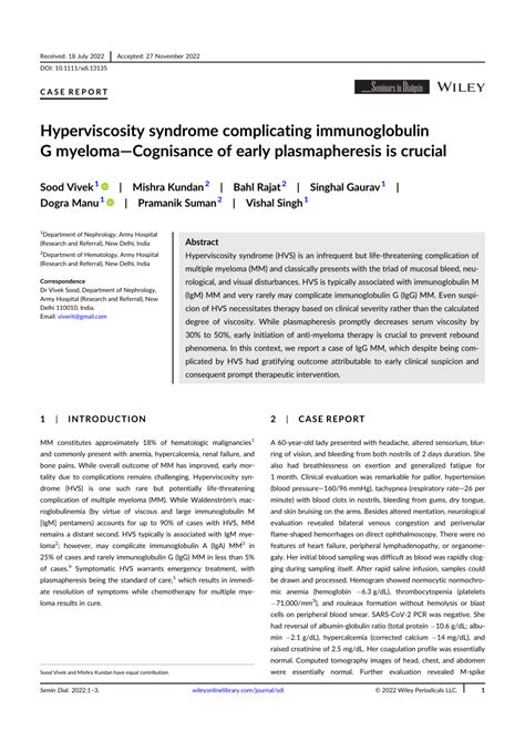 Pdf Hyperviscosity Syndrome Complicating Immunoglobulin G Myeloma