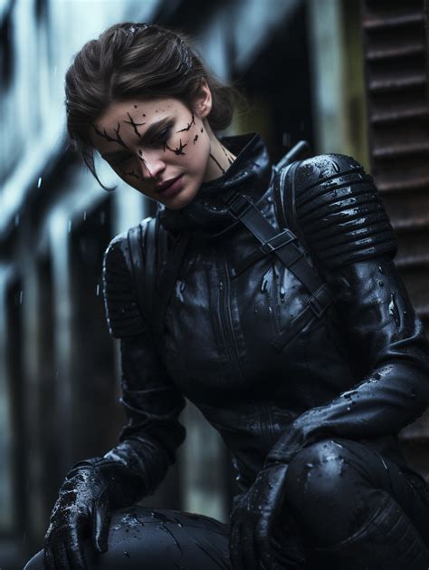 有着大长腿的安妮海瑟薇猫女身穿黑色连体紧身皮衣和过膝长靴，蹲在泥潭中，衣服上有泥渍， 写实风格， 写 豆友x9j4的midjourney作品 豆绘ai 专业且免费的在线ai绘图设计平台