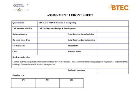 assignment 1 database assignment 1 front sheet qualification tec level 5 hnd diploma in