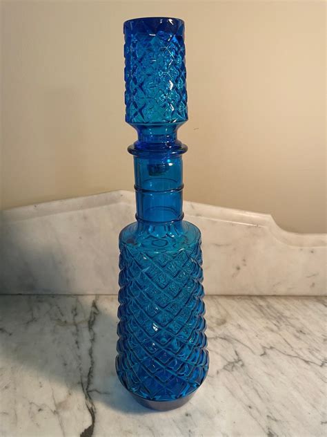 Vintage Blue Glass Diamond Pattern Decanter Etsy
