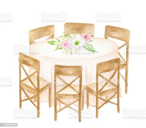 Watercolor Round Table Decorated With Tablecloth And Flowers Hand Drawn