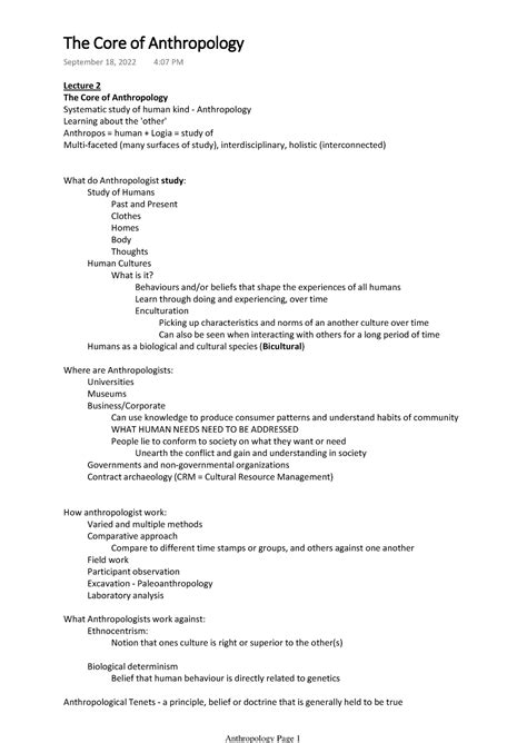 Anthropology Life Sex Death Notes Lecture 2 The Core Of
