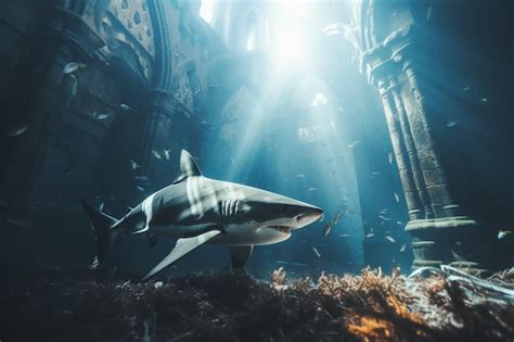 Vista de ruínas arqueológicas de edifícios subaquáticos criaturas marinhas Foto Grátis