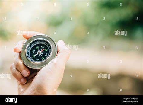 In The Forest A Hiker Uses A Compass To Conquer Confusion And Find