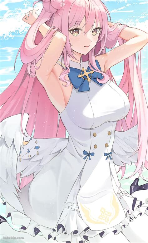 波打ち際に座り髪をかきあげる聖園ミカ ブルアカ ブルーアーカイブ ファンアート イラストのandroid用のスマホ壁紙