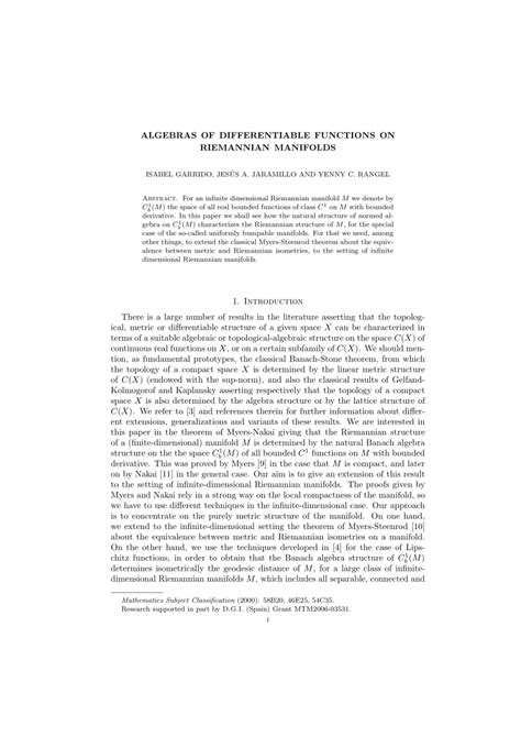 Pdf Algebras Of Differentiable Functions On Riemannian Manifolds