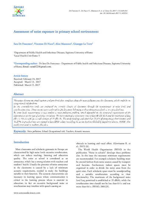 Pdf Assessment Of Noise Exposure And Associated Health Risk In School