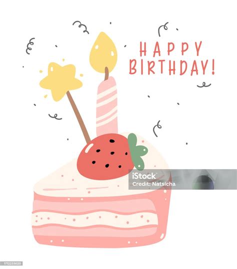 촛불 축제 생일 인사말 카드와 함께 귀여운 생일 케이크 조각입니다 즐거운 행사와 쾌활한 축하 행사에 적합합니다 귀여운에 대한