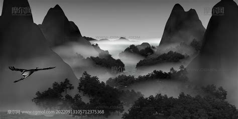 水墨风仙鹤飞跃山脉场景3d模型有预览网盘下载自然场景模型下载 摩尔网cgmol