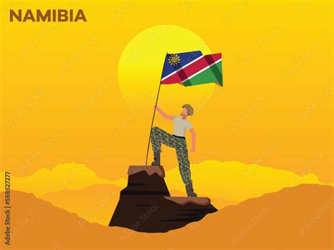 Namibia Soldier On Top Of The Mountain With The Namibia Flag