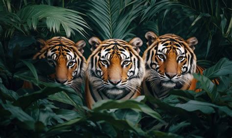 Three Majestic Tigers In Dense Jungle Foliage Showcasing Striking