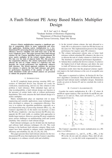 Pdf A Fault Tolerant Pe Array Based Matrix Multiplier Design