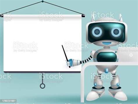 로봇 캐릭터 프리젠 테이션 벡터 배경 디자인 현대 기술 사이보그 디자인을 위한 빈 흰색 프로젝터 스크린 보드 요소를 제시하는 로봇 3d 캐릭터 3차원 형태에 대한 스톡 벡터