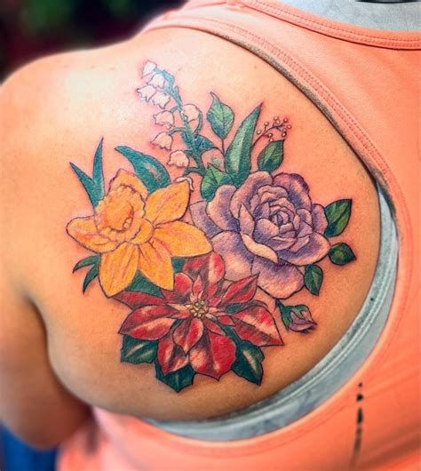 Colorful Flowers On Back Shoulder Tattoo Stunning Tattoos For Girls