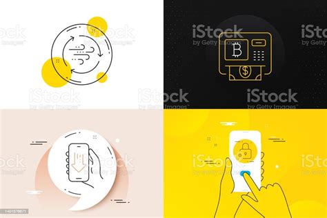 Bitcoin Atm 잠금 및 다운로드 앱 라인 아이콘의 최소 세트 웹 개발을 위해 벡터 닫은에 대한 스톡 벡터 아트 및 기타