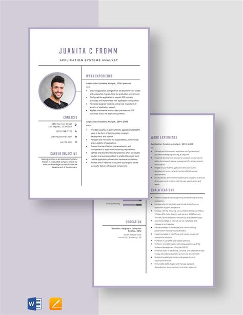Application Systems Analyst Resume In Word Pages Download