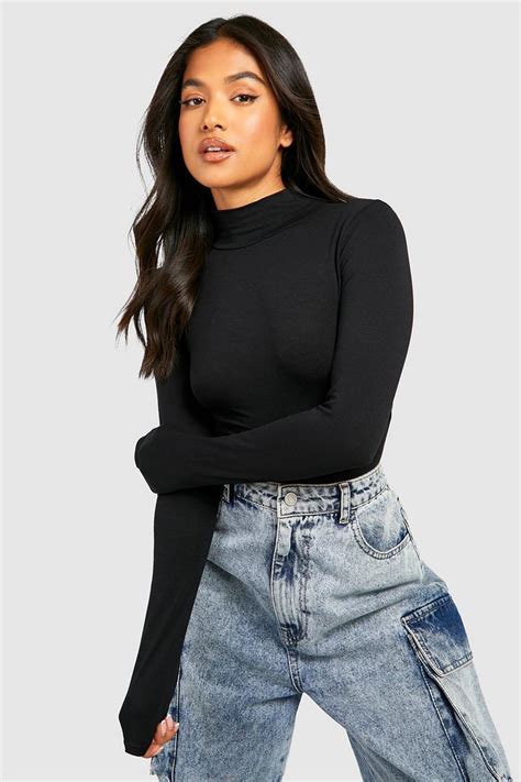 Black Petite Basic Long Sleeve Roll Neck Bodysuit Boohoo Uk