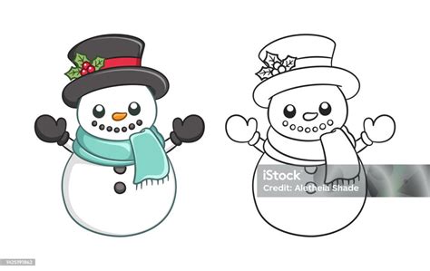 겨우살이와 스카프 윤곽선과 컬러 낙서 만화 일러스트 세트가있는 탑 모자를 쓴 귀여운 눈 남자 어린이와 성인을위한 겨울 크리스마스 테마 색칠 공부 책 페이지 활동 겨울에 대한