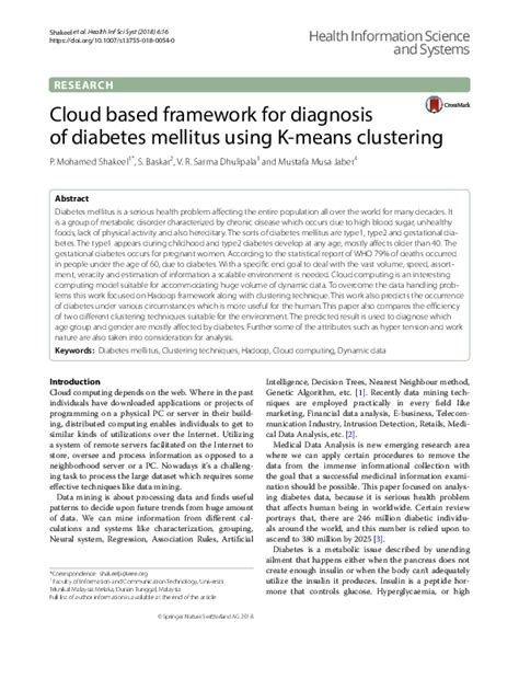 Pdf Cloud Based Framework For Diagnosis Of Diabetes Mellitus Using K Means Clustering