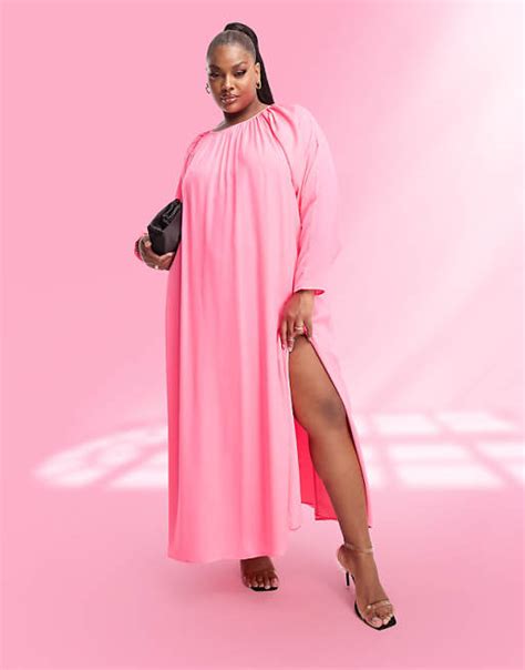 Asos Design Curve Washed Satin Volume Sleeve Midaxi Dress In Fluro Pink
