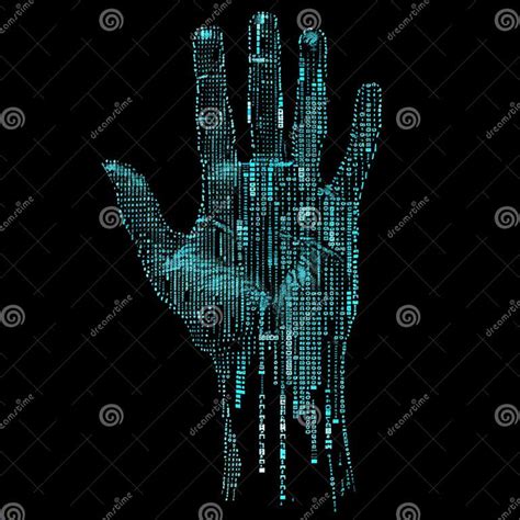 Handprint With Blue White Matrix Code Symbols On Black Background Matrix Hand Print Stock