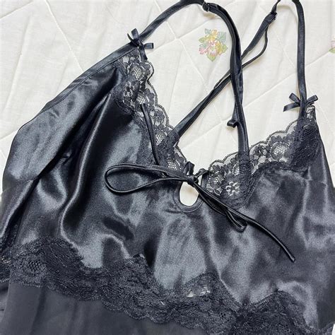 Black Satin Slip Cami Top With Sheer Panel And Lace Depop